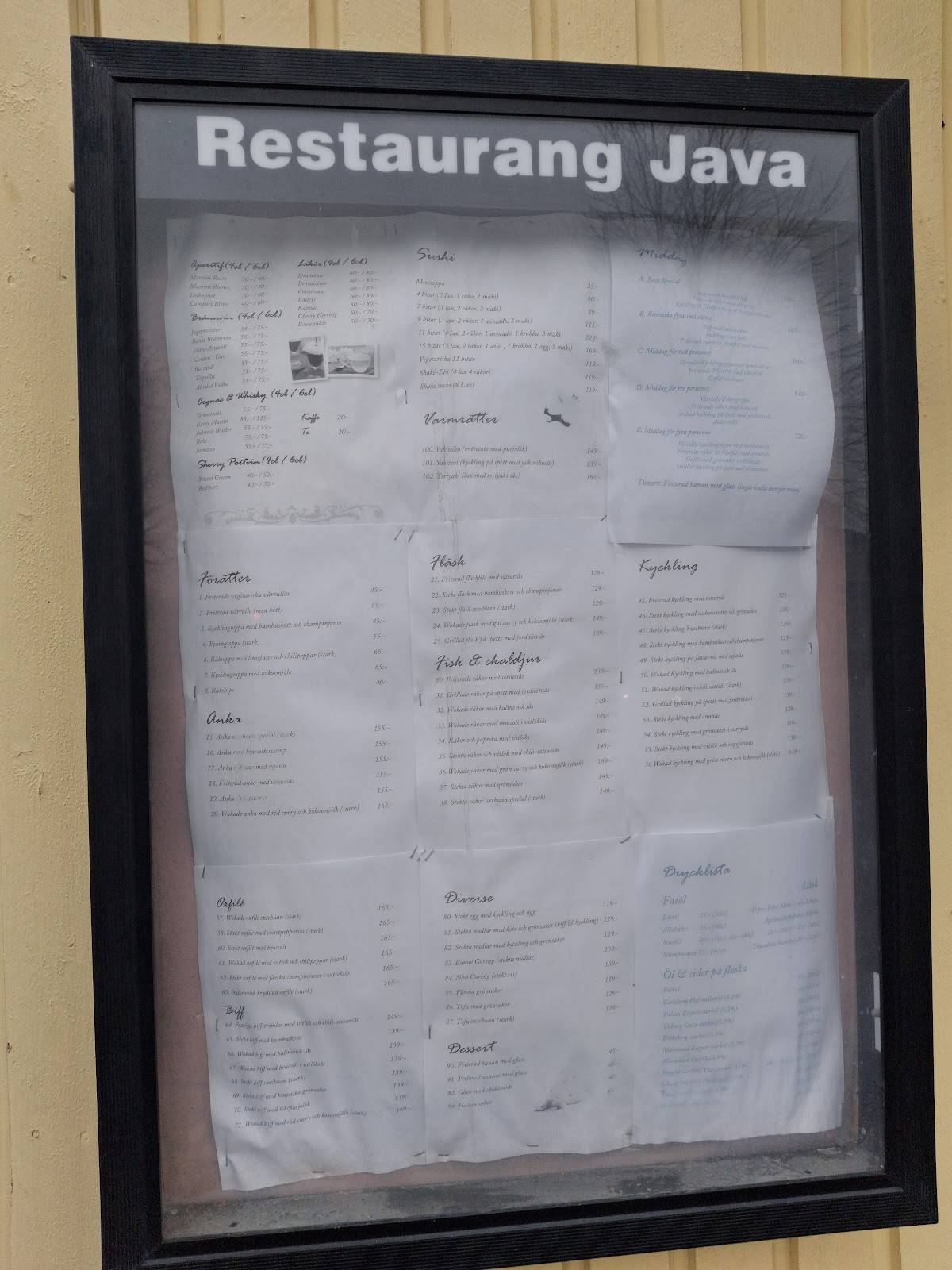 Menu at Restaurang Java restaurant, Uppsala, Svartbäcksgatan 68