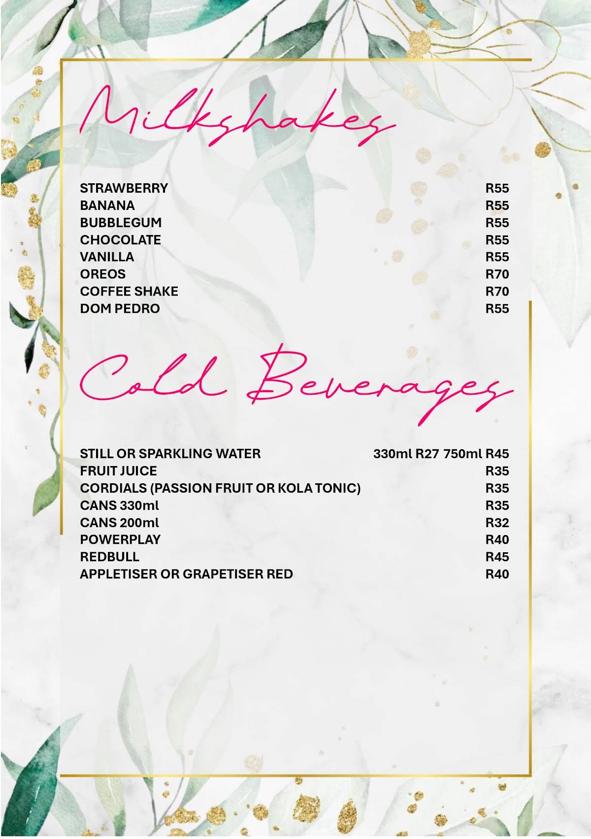 Menu at 1 on Palm restaurant, Umhlanga