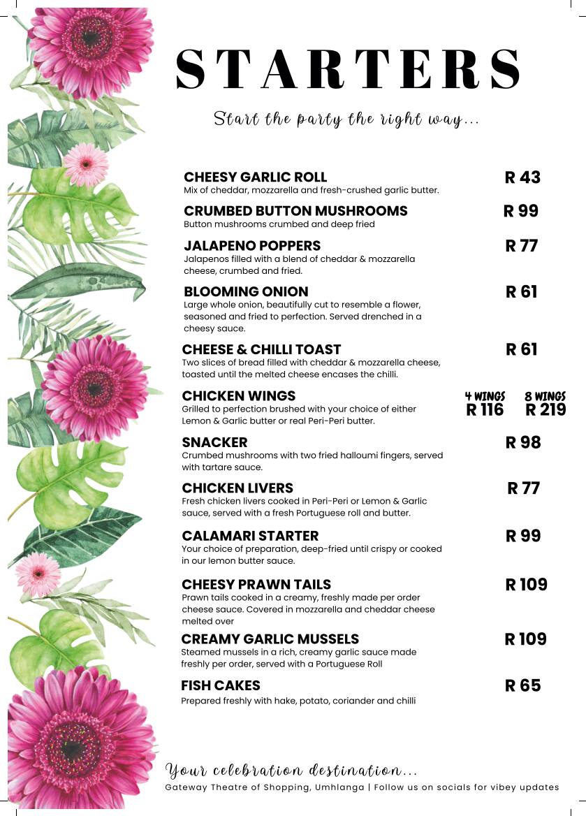 Menu at 1 on Palm restaurant, Umhlanga
