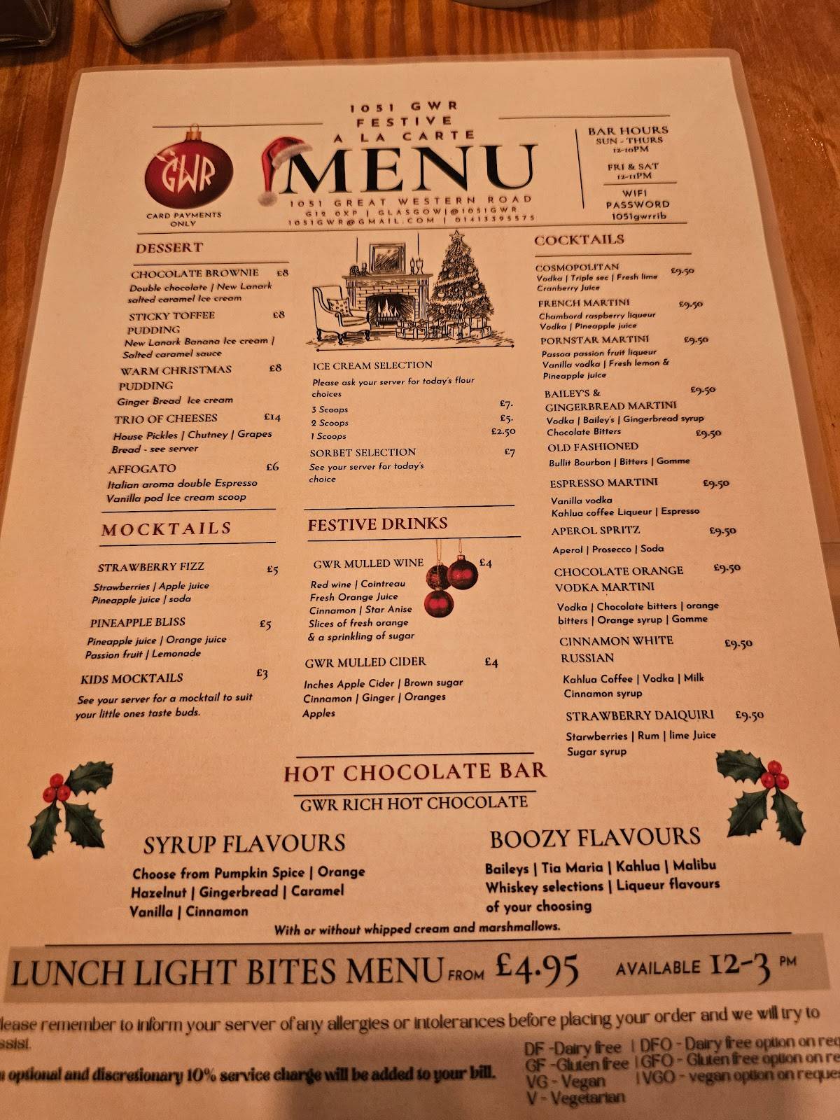 Menu at 1051 GWR restaurant, Glasgow, Great Western Rd