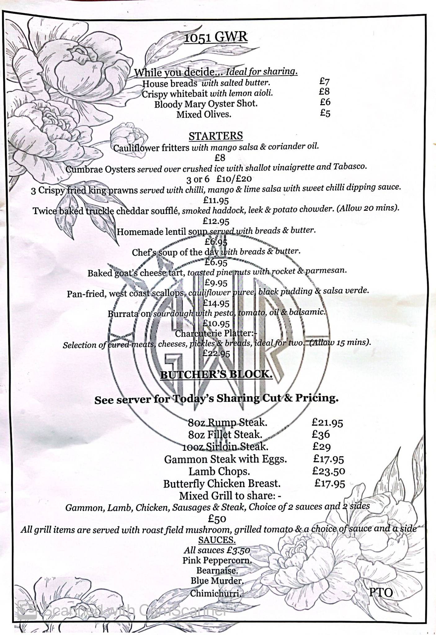 Menu at 1051 GWR restaurant, Glasgow, Great Western Rd