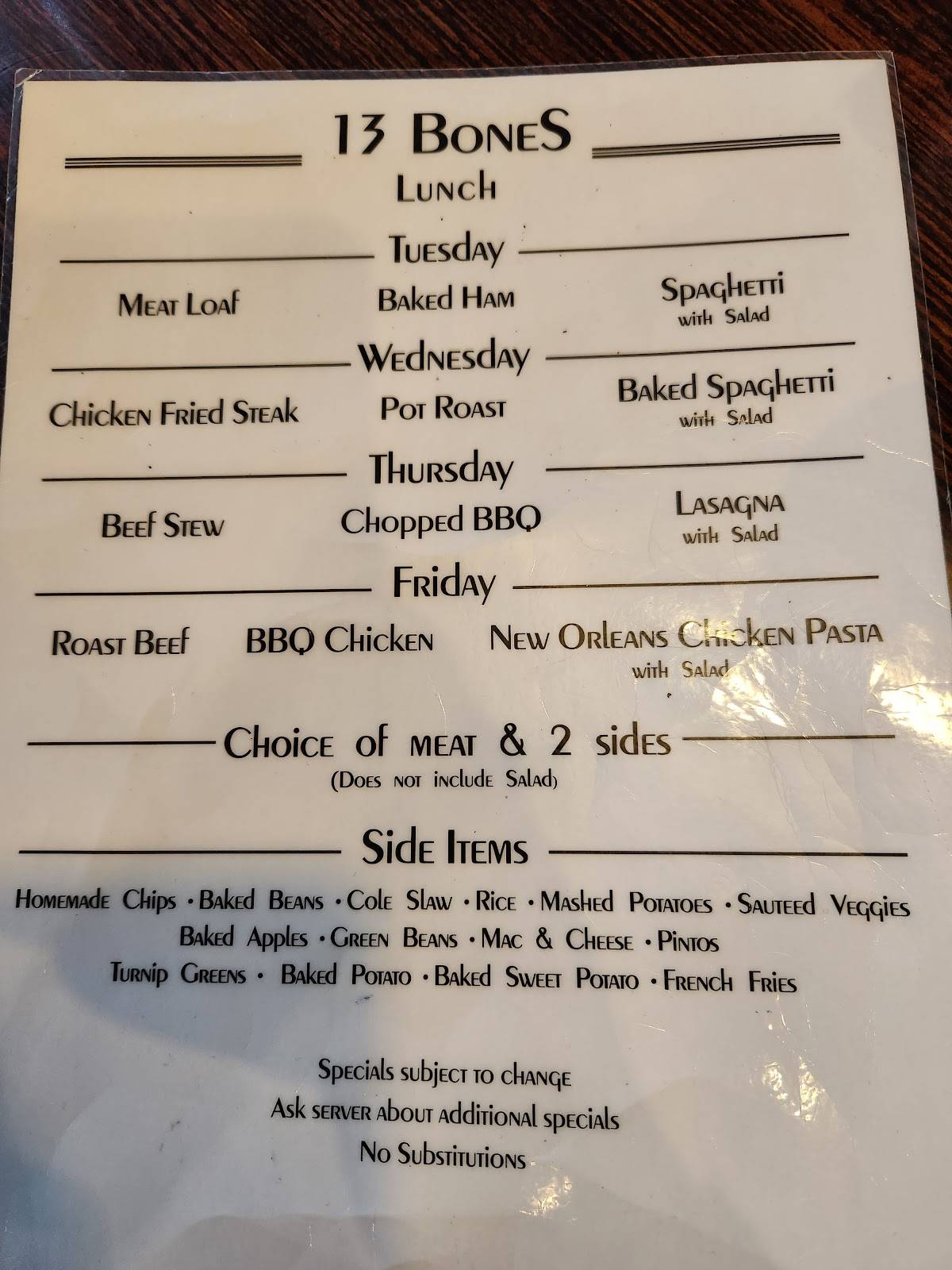Menu at 13 Bones Restaurant, Mount Airy