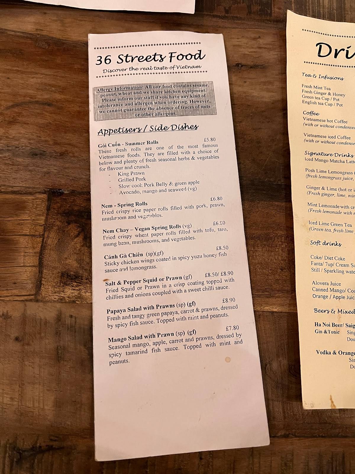 Menu at 36 Streets Food - Vietnamese Restaurant, Kingston upon Thames