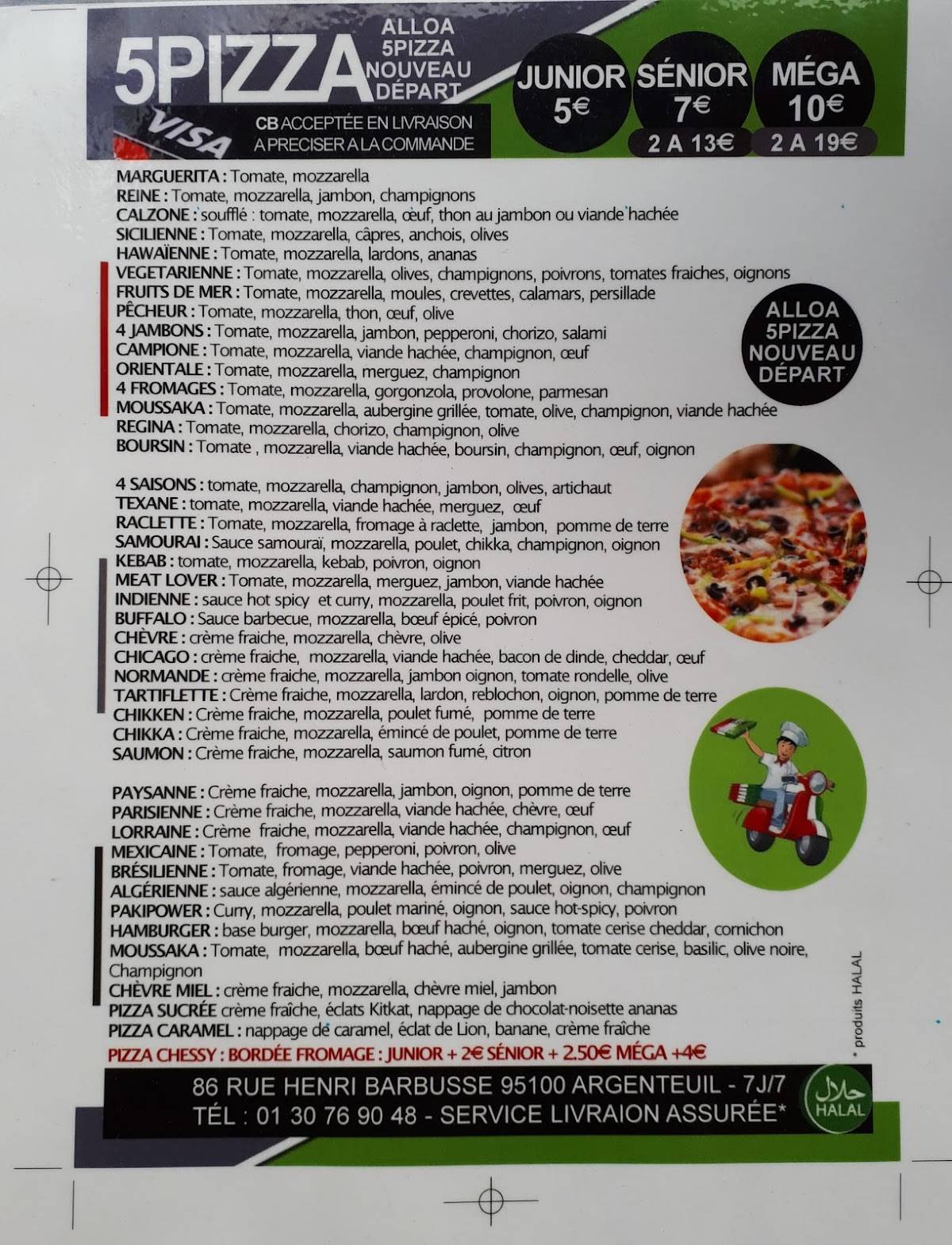 Menu au 5 Pizza restaurant, Argenteuil