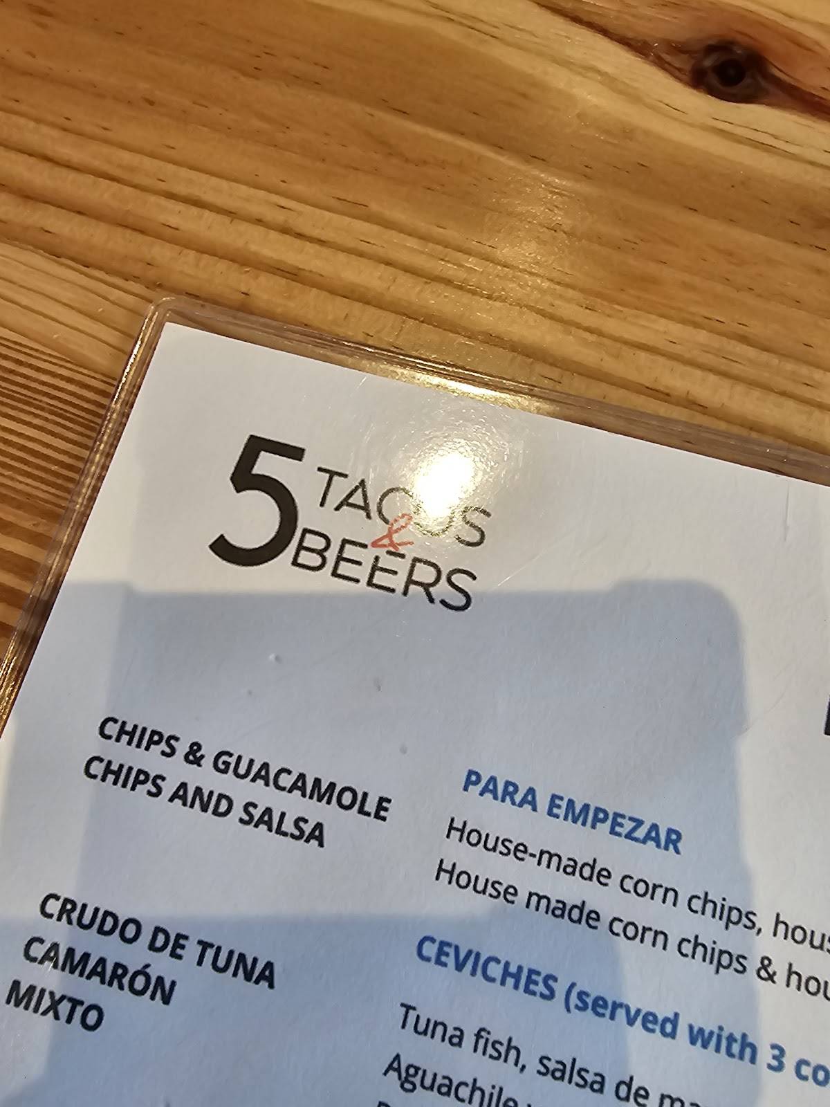 Menu at 5 Tacos and Beers restaurant, Sacramento