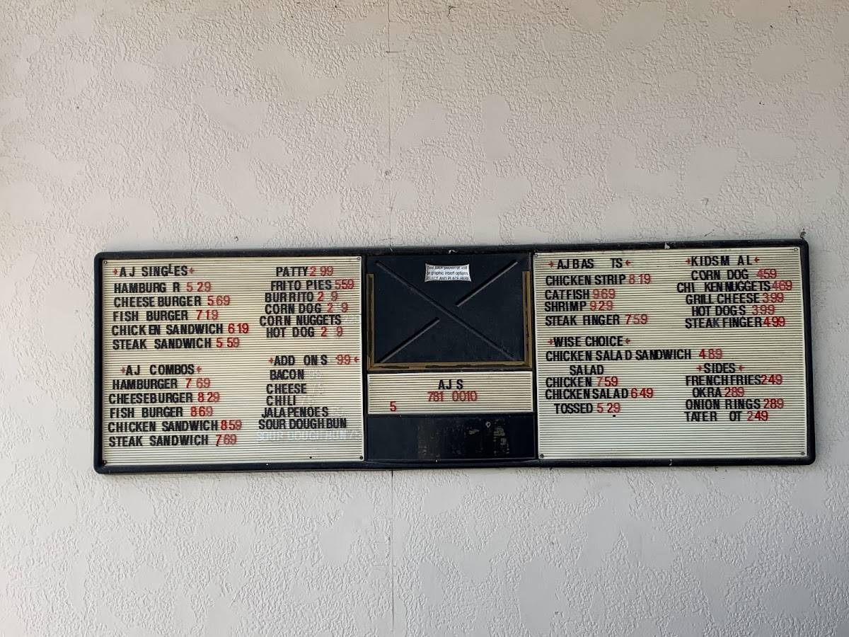 Menu at AJ's restaurant, Edna