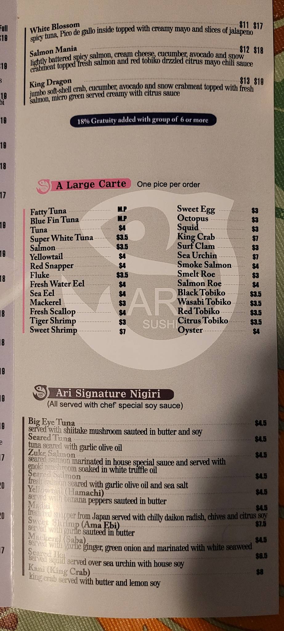 Menu at ARI Sushi Japanese Restaurant, Des Plaines