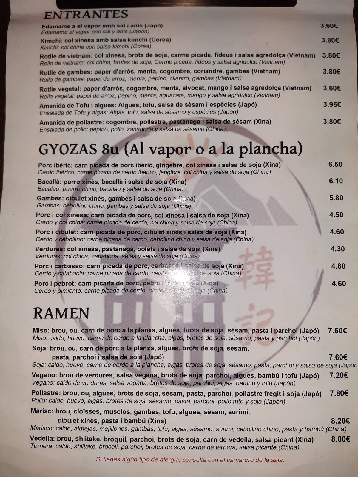 Menu at ASIATIC HAN restaurant, Barcelona