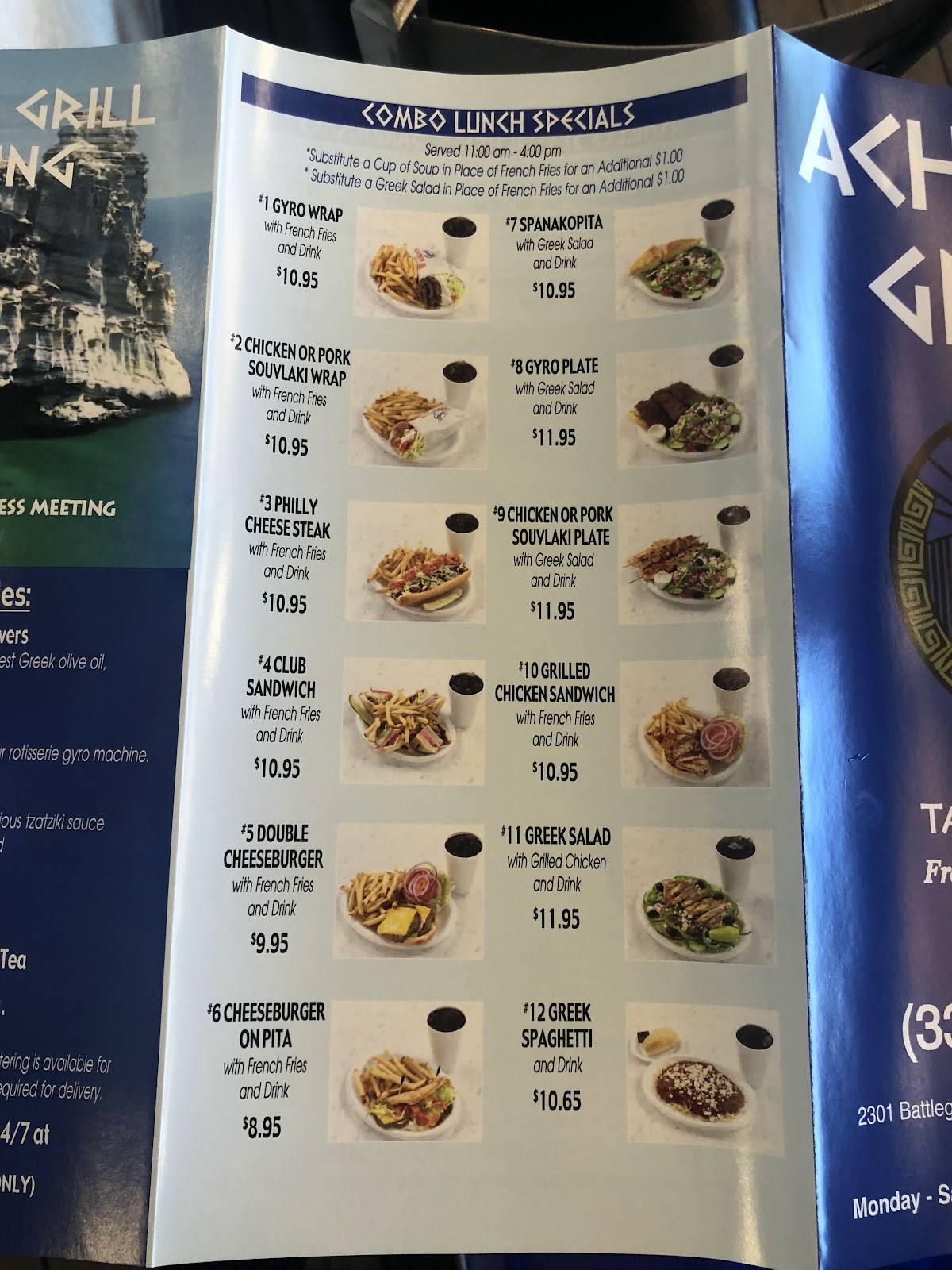 Menu at Achilles Grill restaurant, Greensboro, Battleground Ave