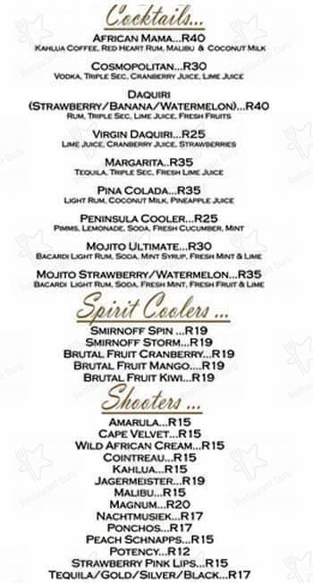Menu at African Peninsula Guest House & Restaurant, Durban