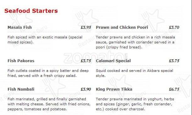 Menu at Akbar's Restaurant, Manchester