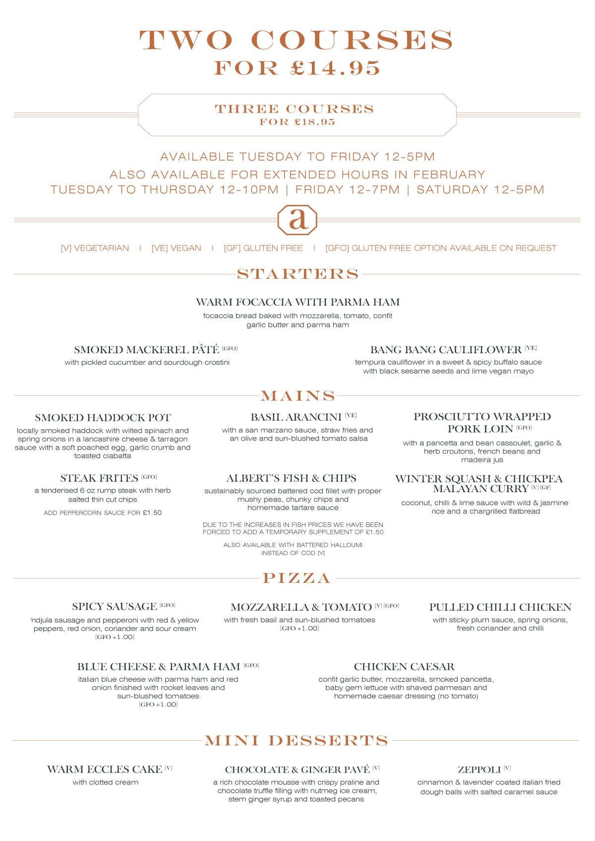 Menu at Albert's Standish restaurant, Wigan