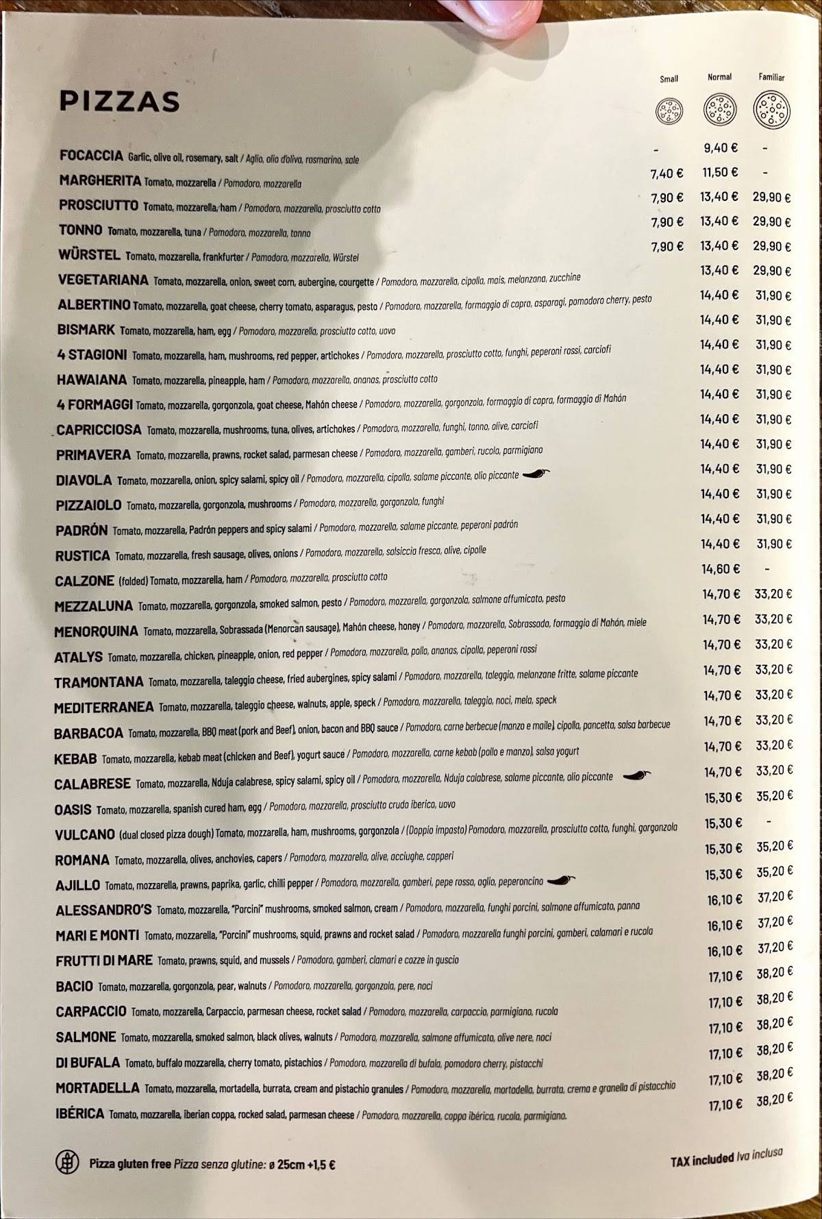 Menu at Alessandro’s restaurant, Son Bou