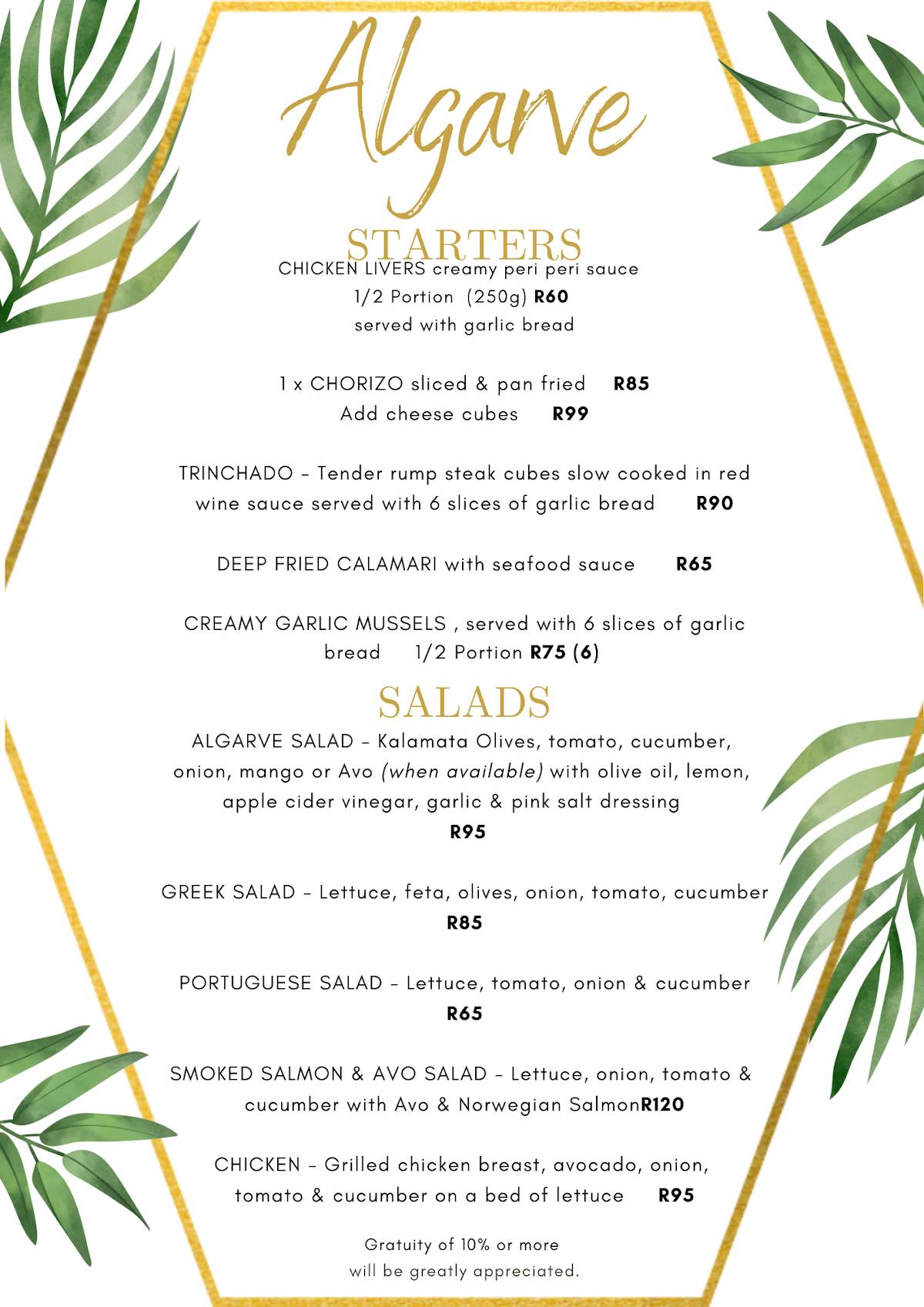 Menu at Algarve Restaurant & Bar, Cape Town