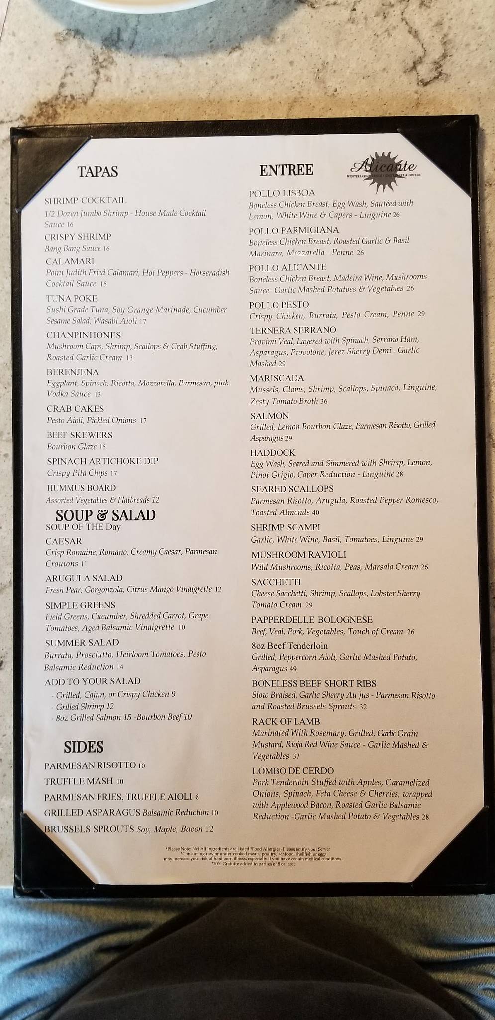 Menu at Alicante Restaurant & Lounge, Mendon