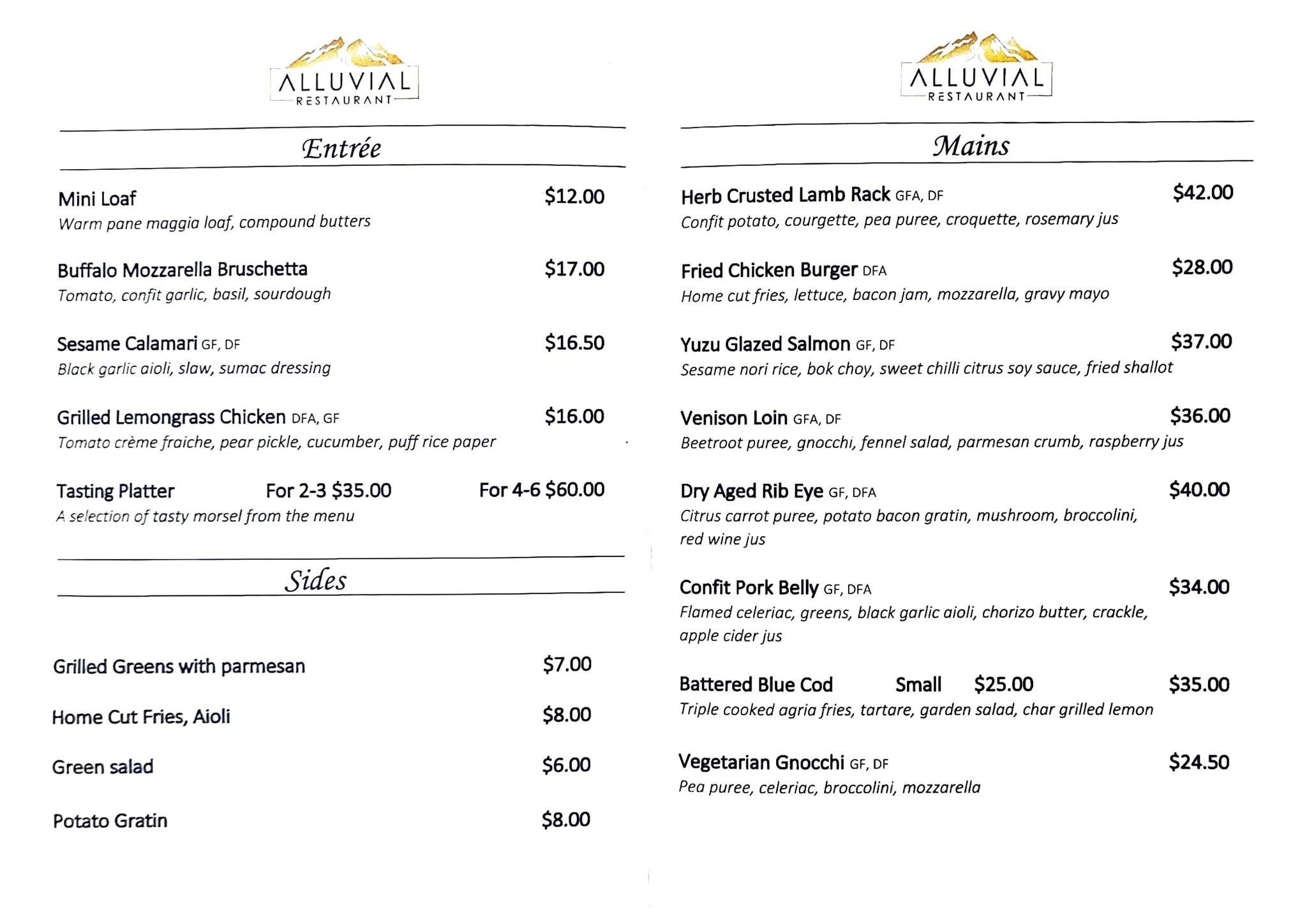 Menu at Alluvial Restaurant, Ashburton