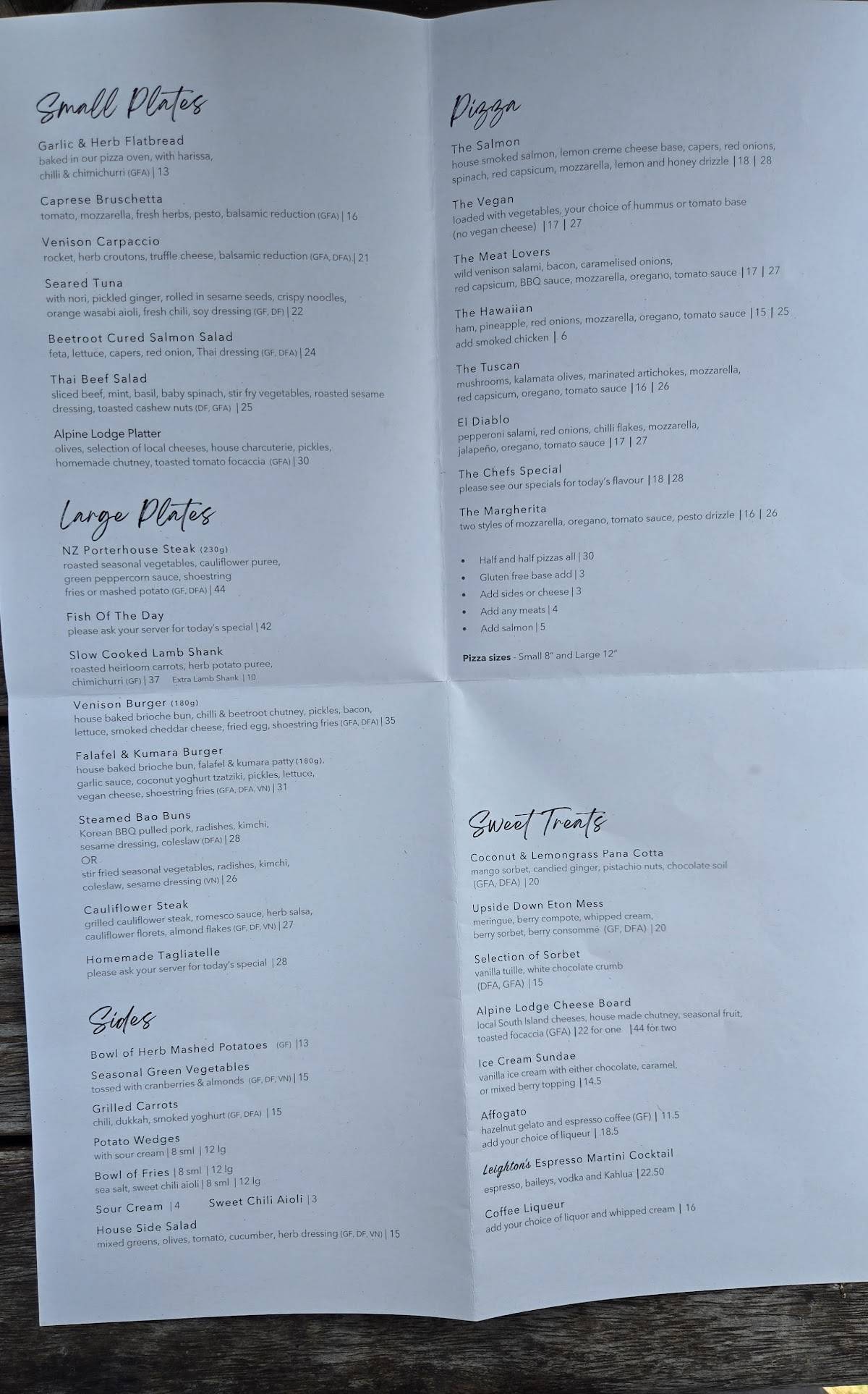 Menu at Restaurant Alpine Lodge, Saint Arnaud