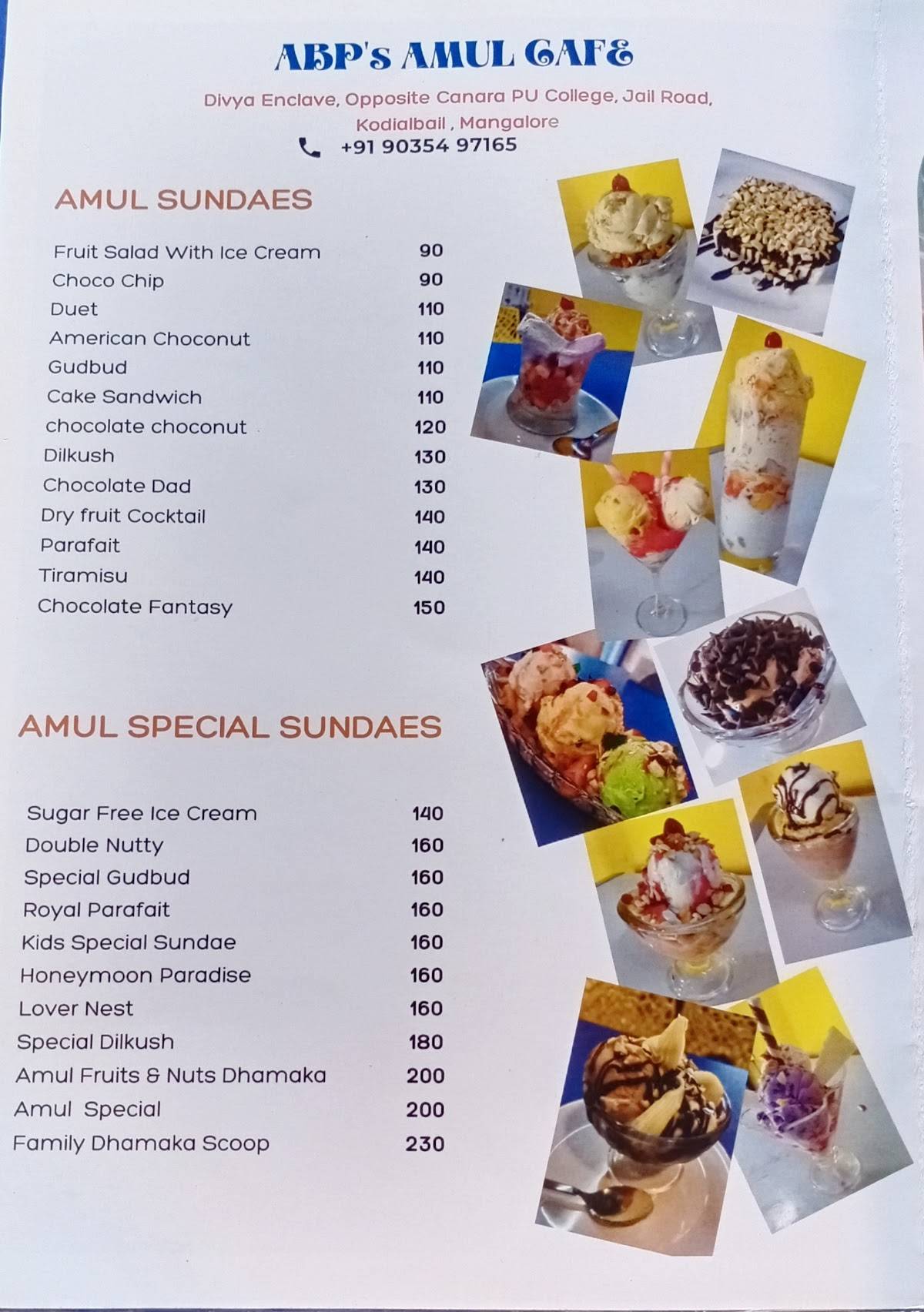 Menu at Amul ice cream parlour-ABP's AMUL cafe, Mangaluru