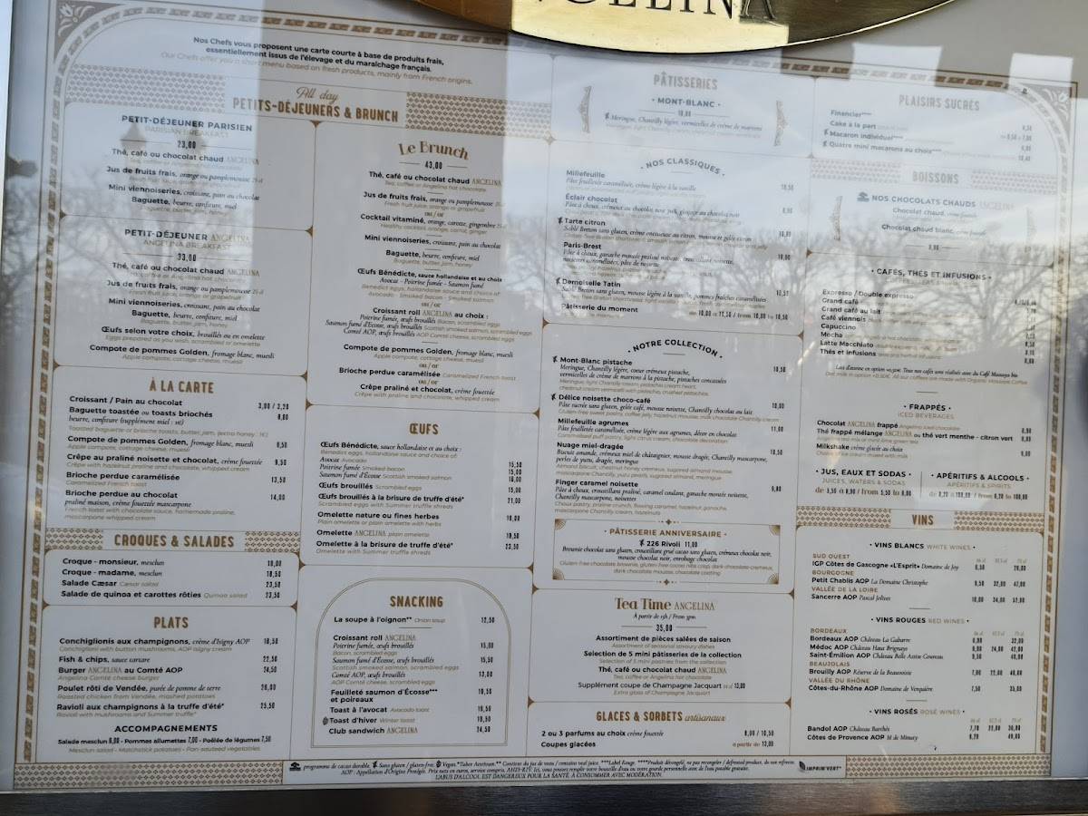 Menu at Angelina restaurant, Paris, 226 Rue de Rivoli