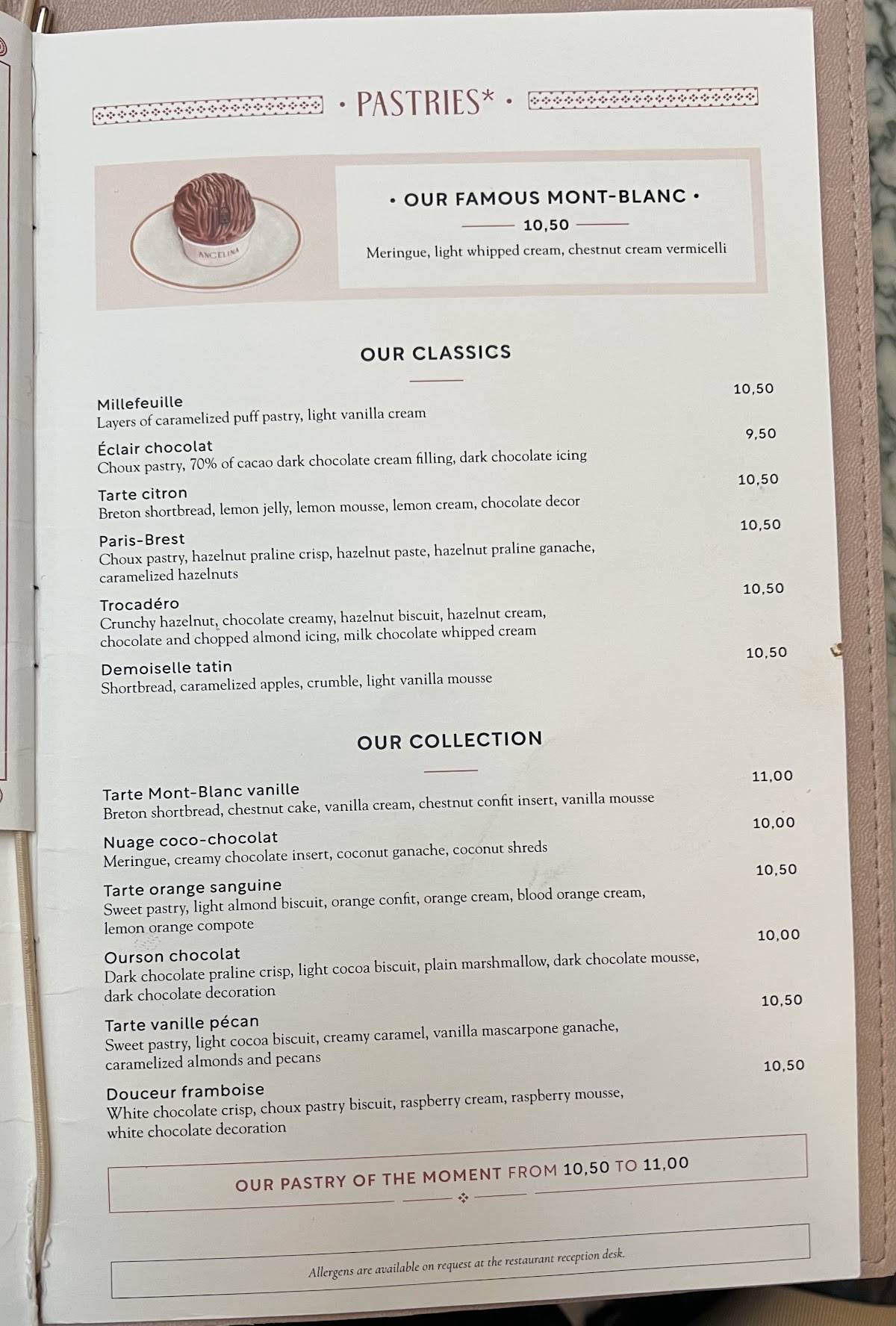 Menu at Angelina restaurant, Paris, 226 Rue de Rivoli