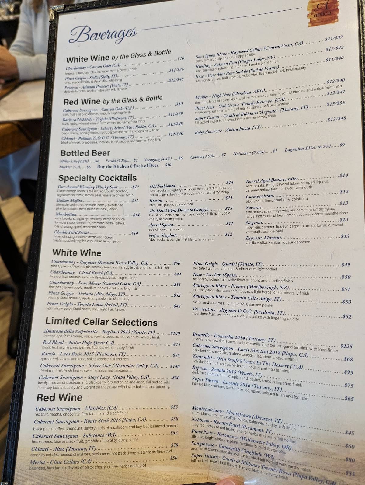 Menu at Antica Italian Restaurant & Wine Bar, USA