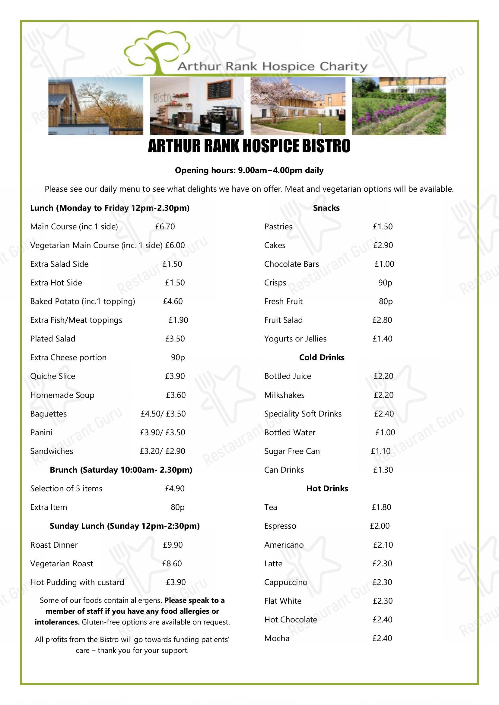 Menu at Arthur Rank Hospice Charity Bistro, Cambridge, Cherry Hinton Road