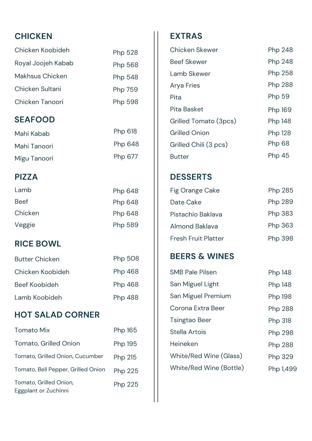 Menu at Arya Persian Restaurants, Mandaluyong, 6th Level East Wing Unit ...