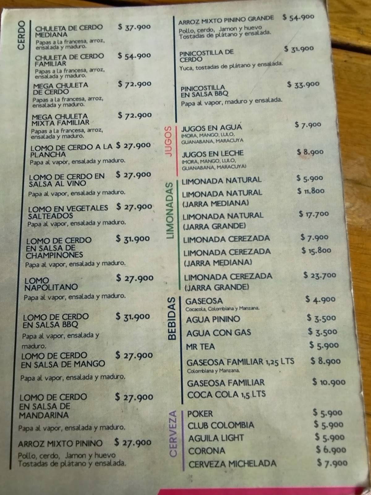 Carta del restaurante Asados del Pinino, Cali, Cra. 5 Nte. #69-33