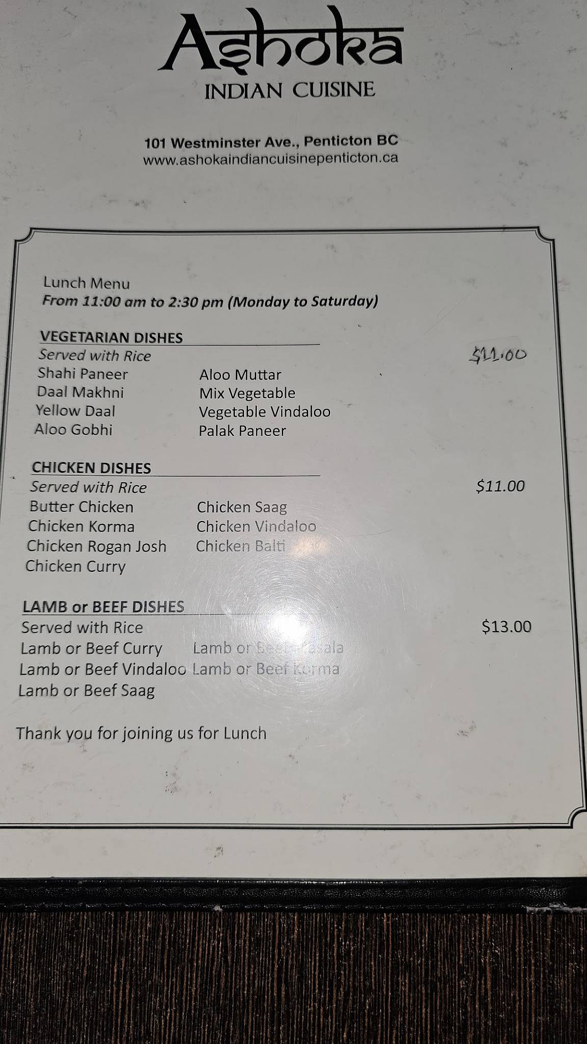 Menu at Ashoka Indian Cuisine restaurant, Penticton