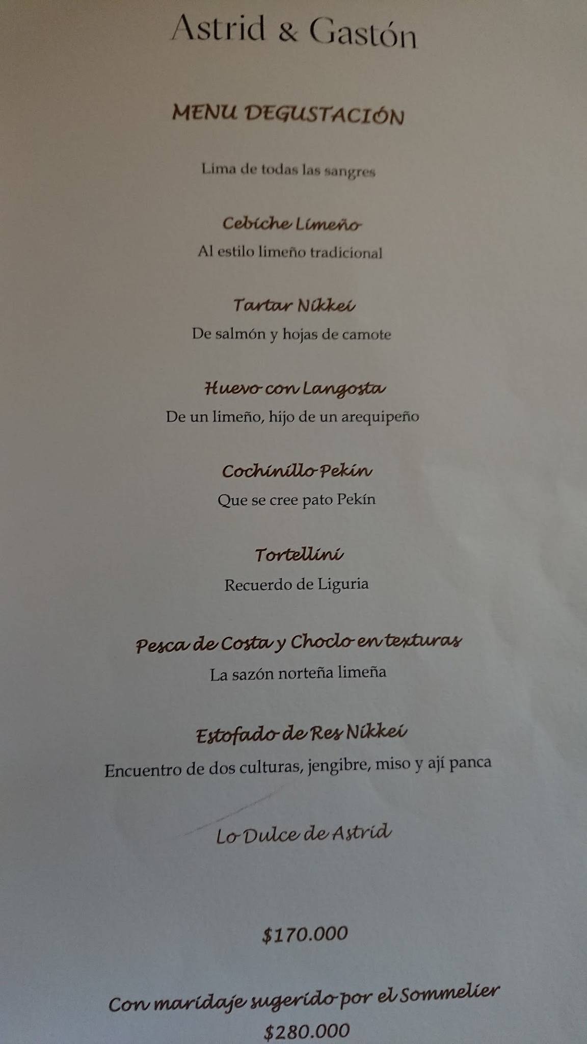 Menu at Astrid y Gaston restaurant, Bogotá