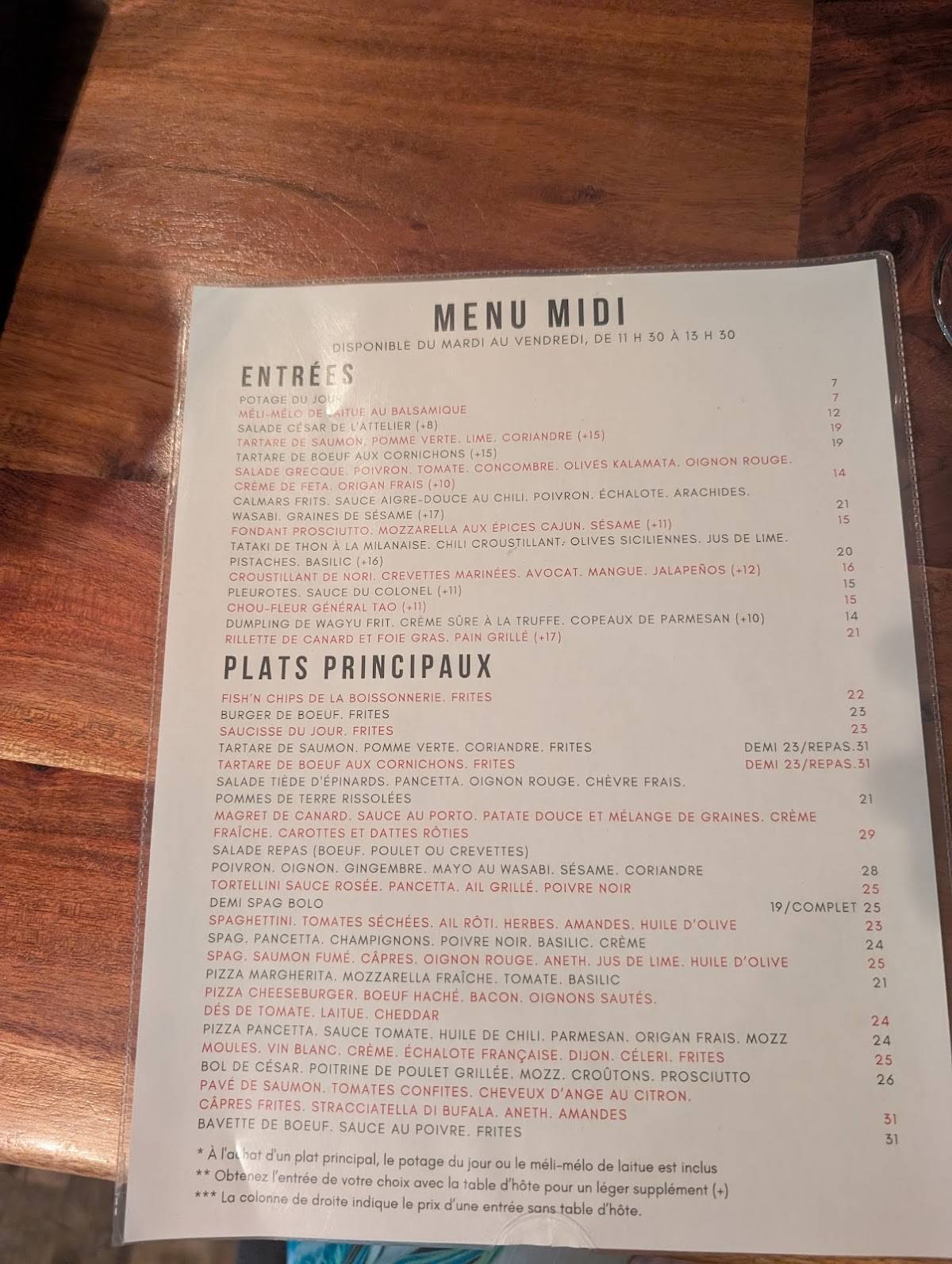 Menu au Attelier Archibald restaurant, Granby