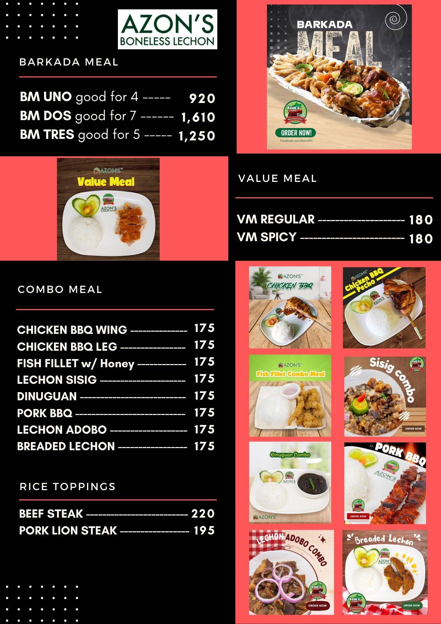 Carta del restaurante Azon's Boneless Lechon, Dávao, J.P. Laurel Avenue