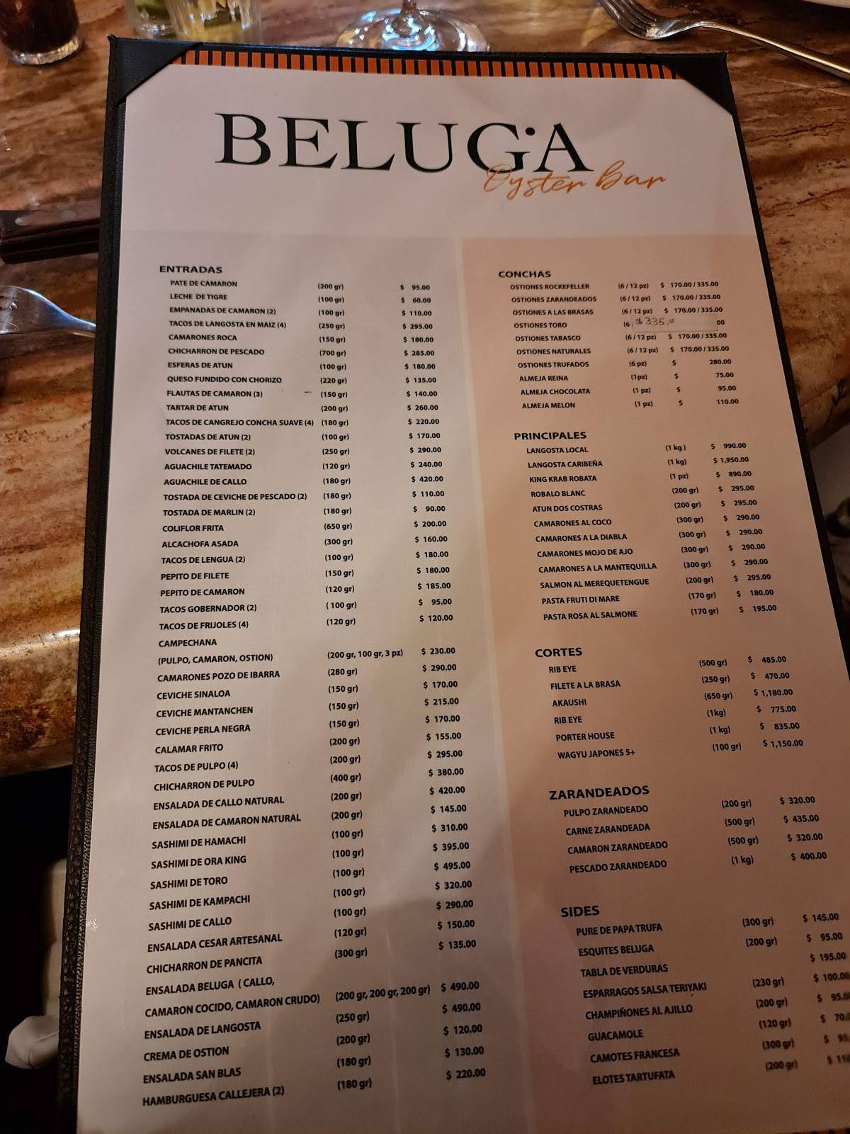 Carta del restaurante Beluga, Guadalajara