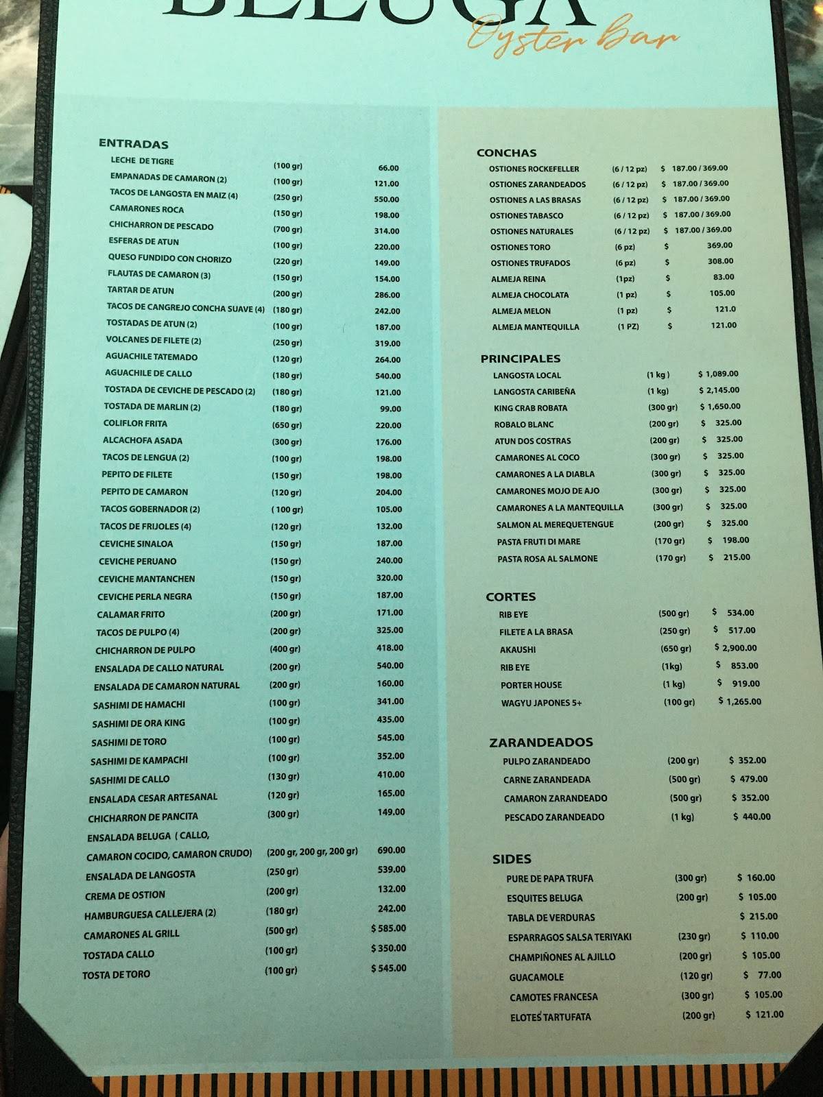Carta del restaurante Beluga, Guadalajara
