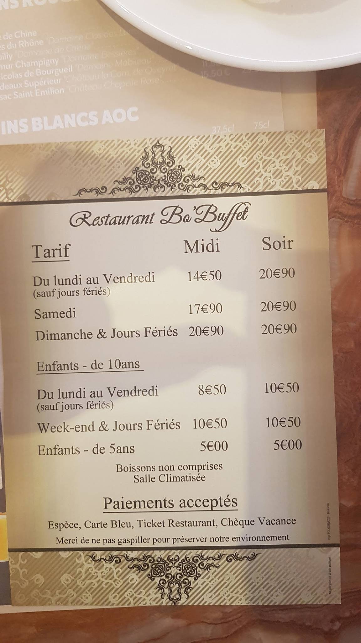 Menu au BO’BUFFET restaurant, Beauvais