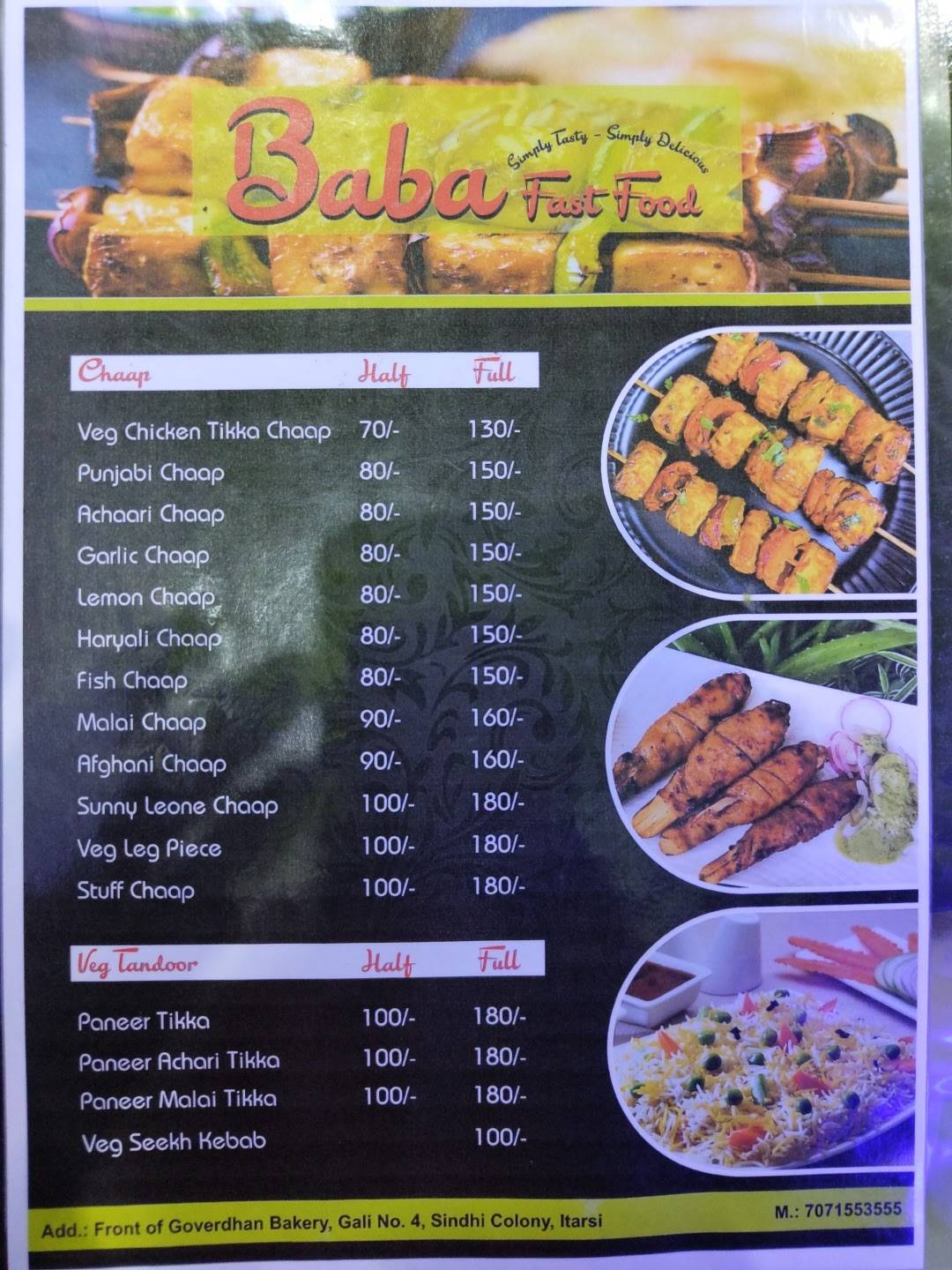 Menu at Baba fast food, Itarsi