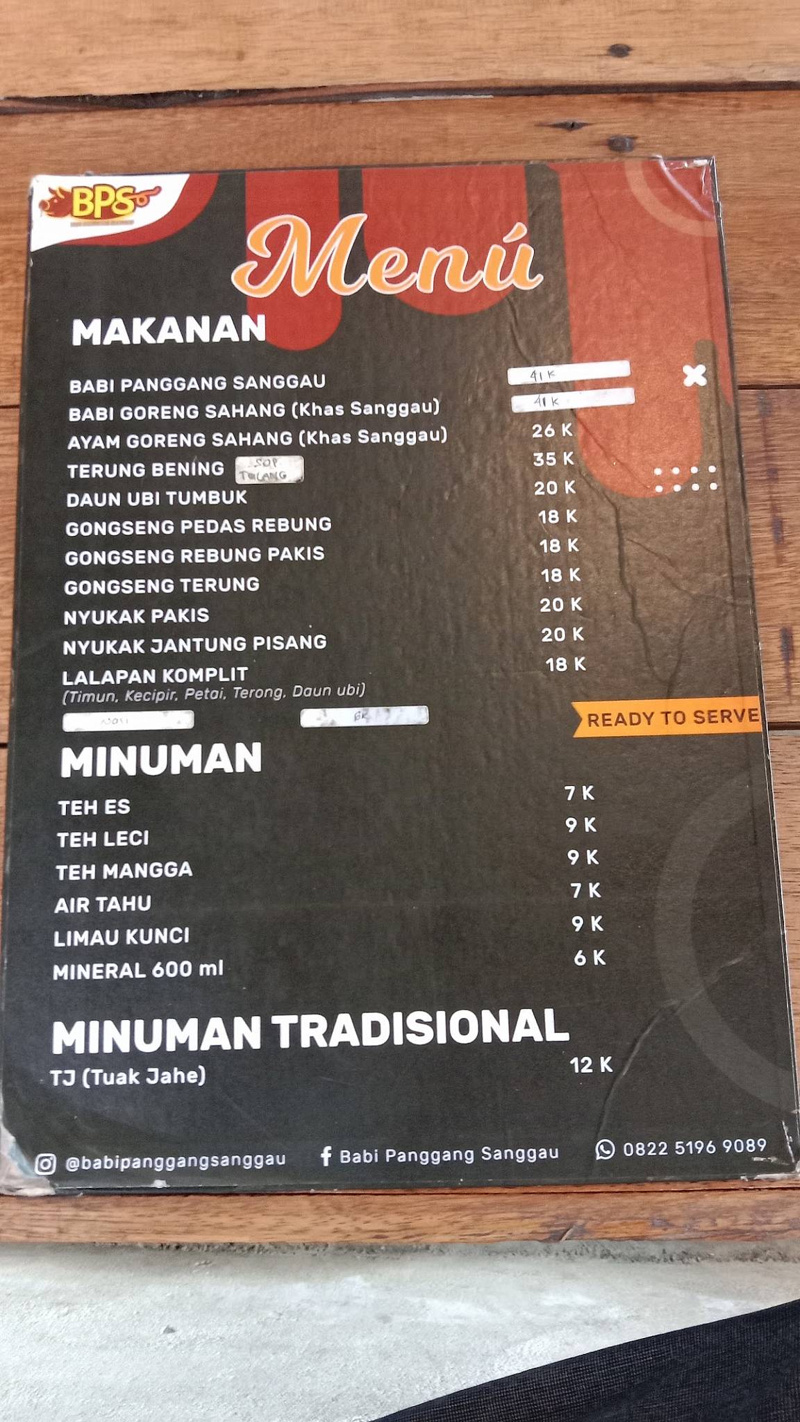 Menu at Babi Panggang Sanggau (BPS) restaurant, Pontianak