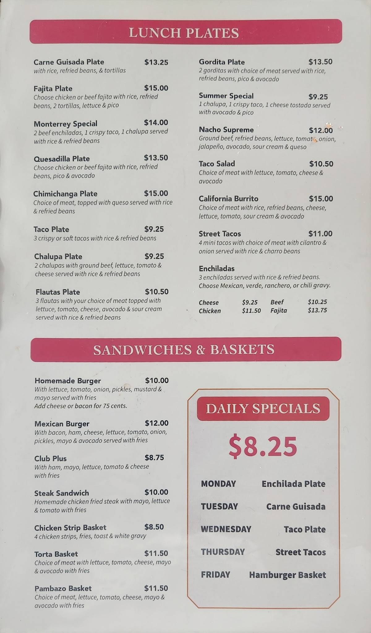 Menu at Baci’s Mexican Restaurant, Freeport
