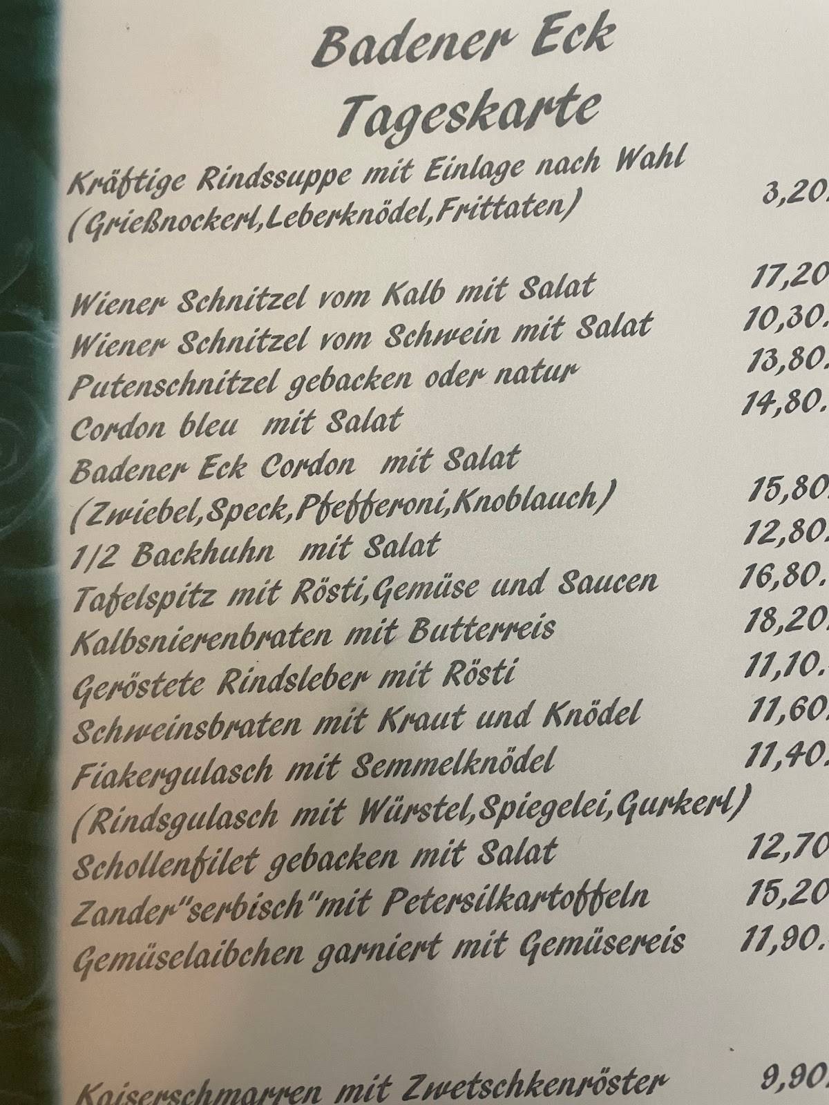 Speisekarte von Badener Eck restaurant, Baden