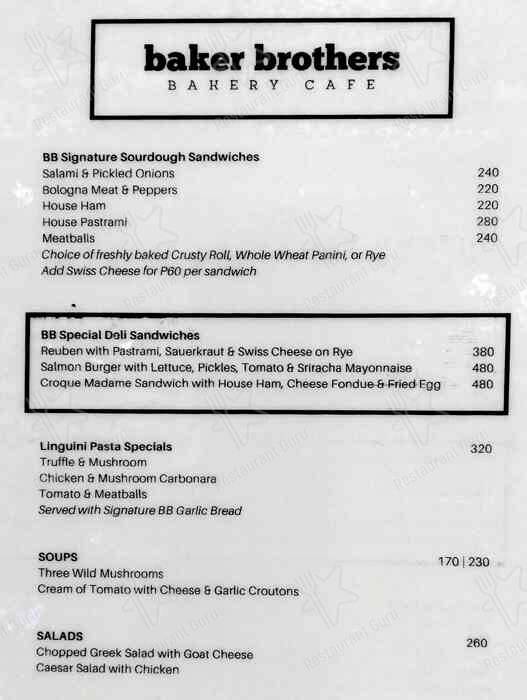 Menu at Baker Brothers, Taguig