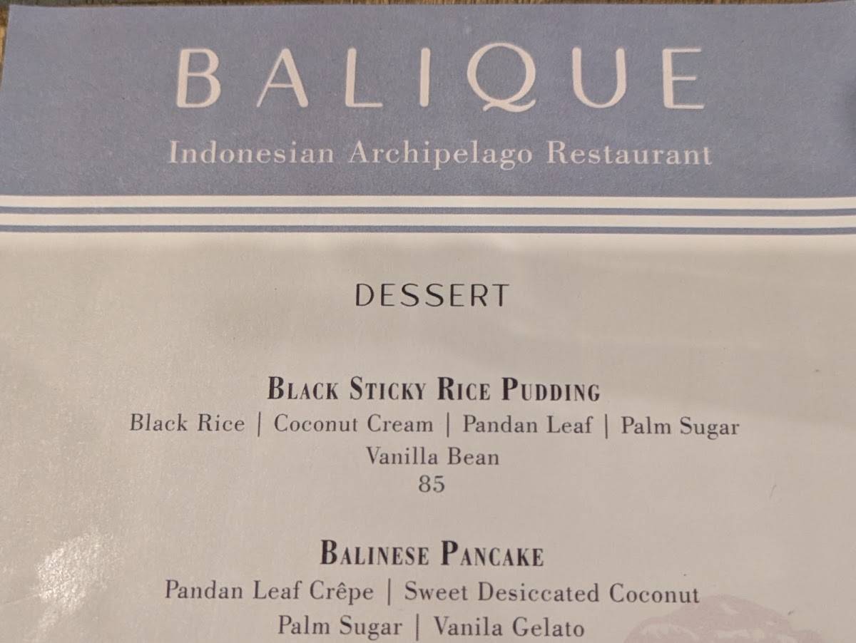 Menu at Balique restaurant, Jimbaran