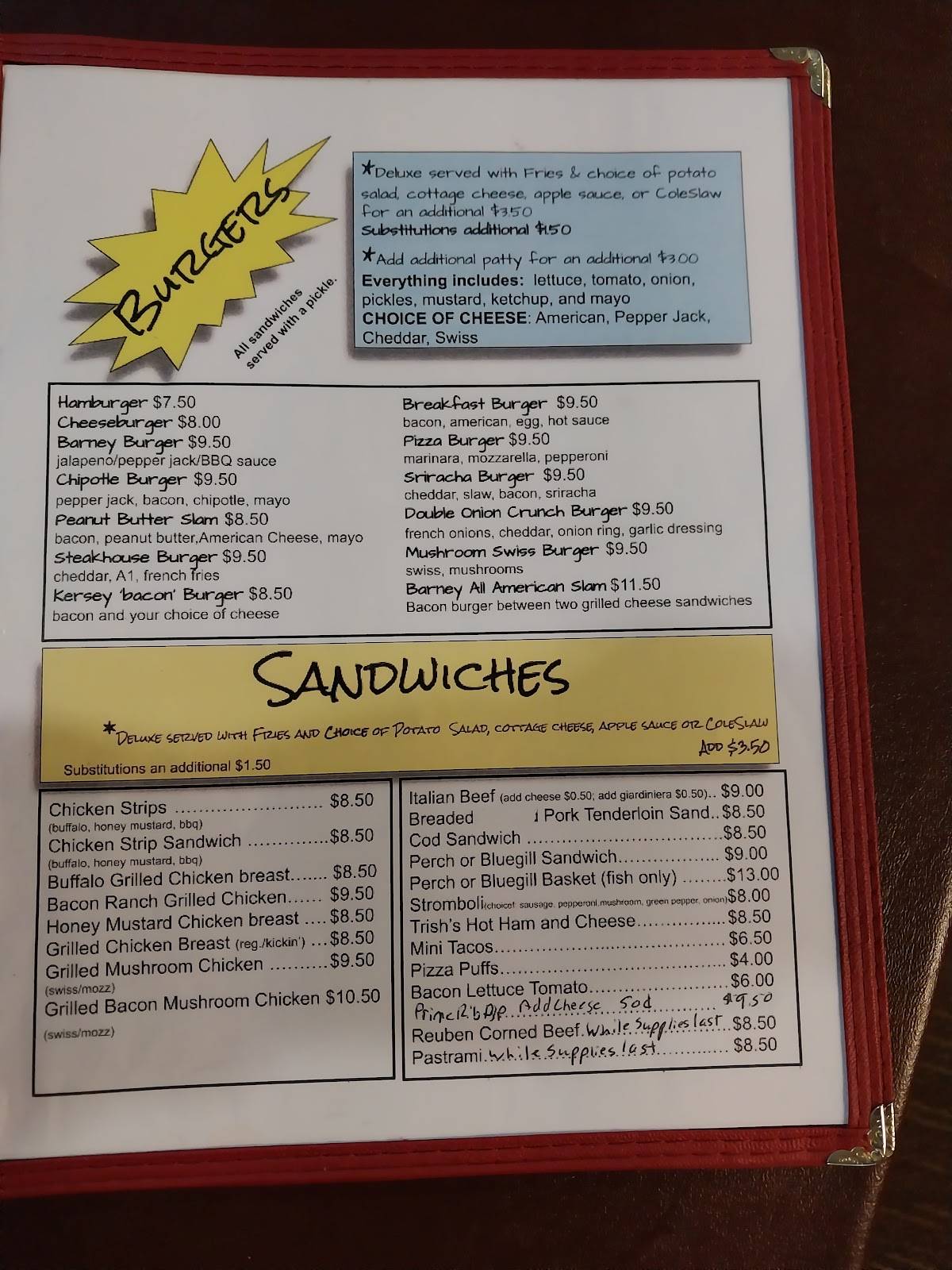 Menu at Barney's at Gentleman Tom's Hideaway, De Motte, W 1250 N