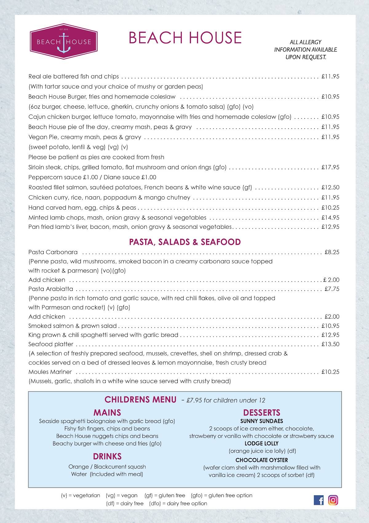 Menu at Beach House restaurant, Maldon