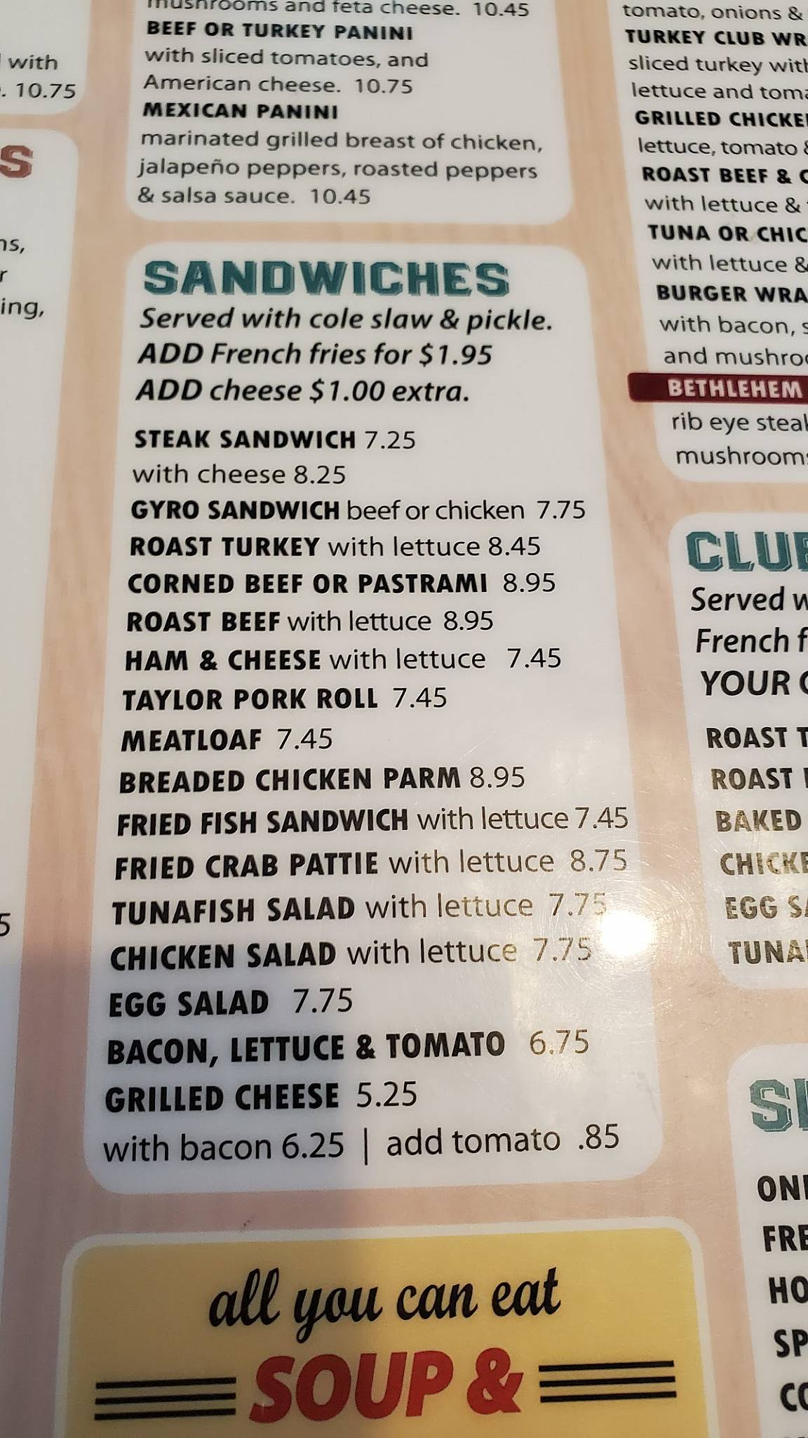 Menu at Bethlehem Diner restaurant, Allentown