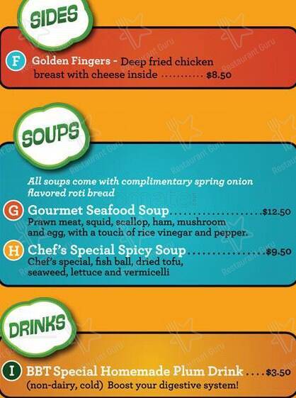 Menu at Big Bing Theory restaurant, Auckland