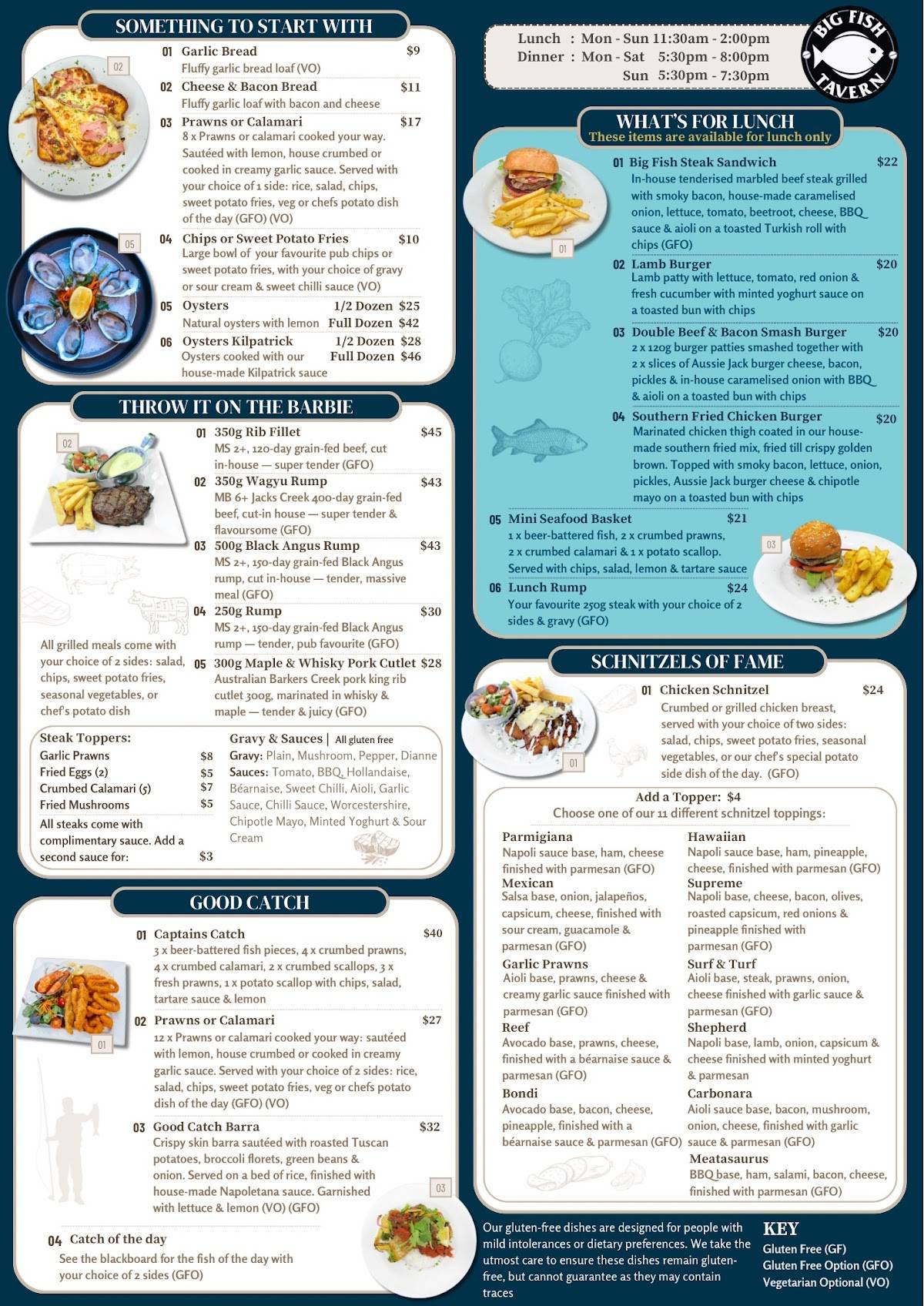 Menu at Big Fish Tavern restaurant, Caboolture