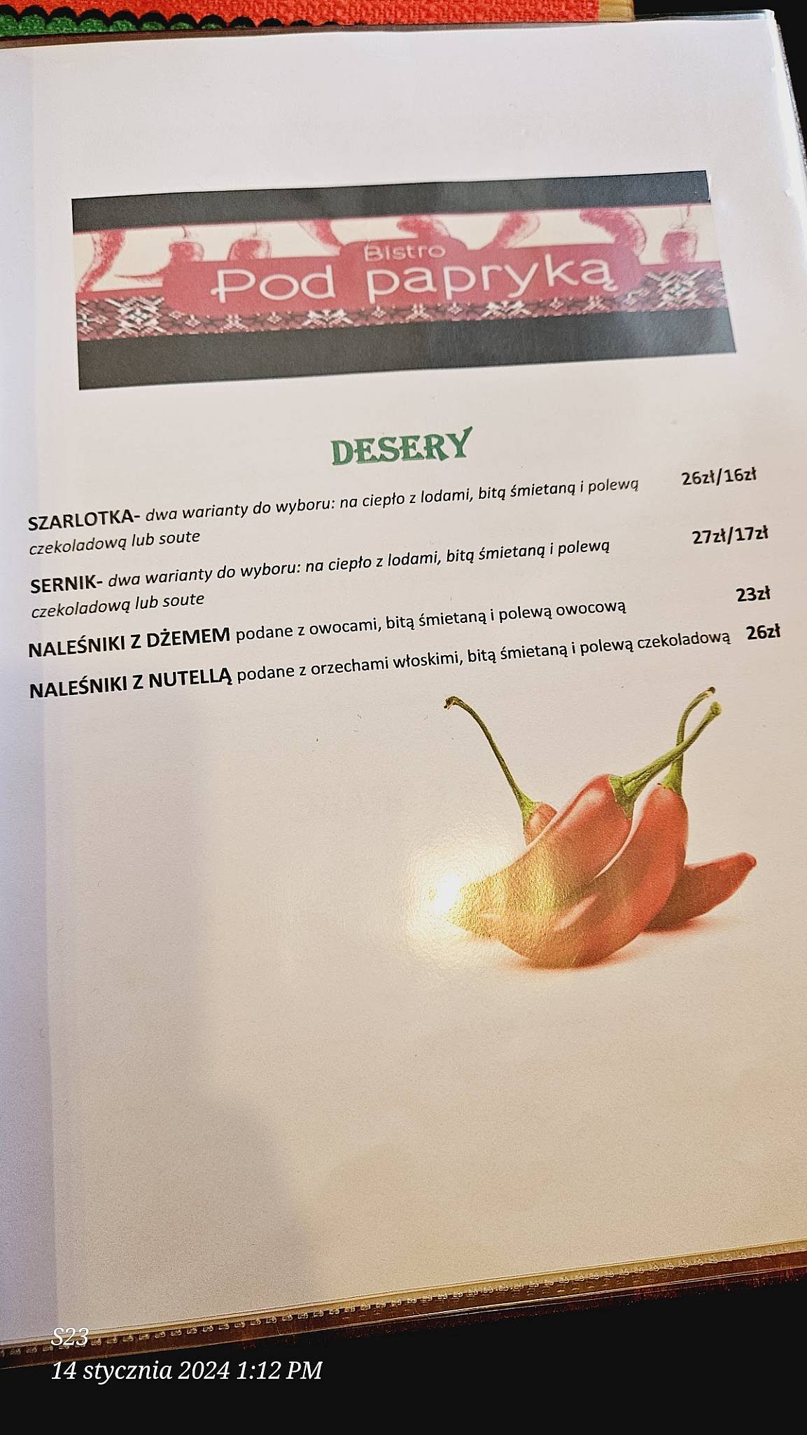Menu at Bistro "Pod Papryką" restaurant, Karpacz
