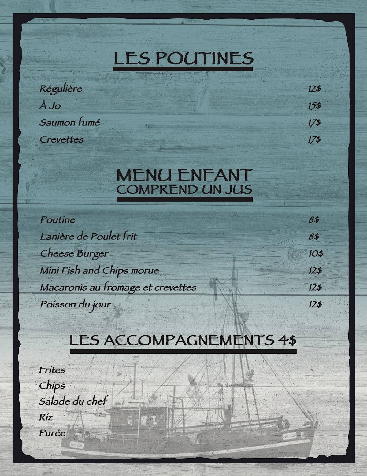 Menu au Bistro du Capitaine restaurant, Matane