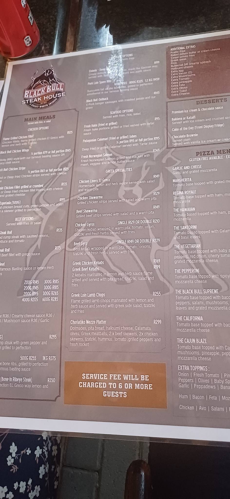 Menu at Black Bull Steakhouse, Cape Town