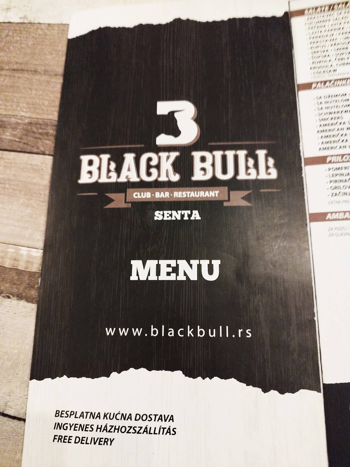 Menu at Black Bull restaurant, Senta